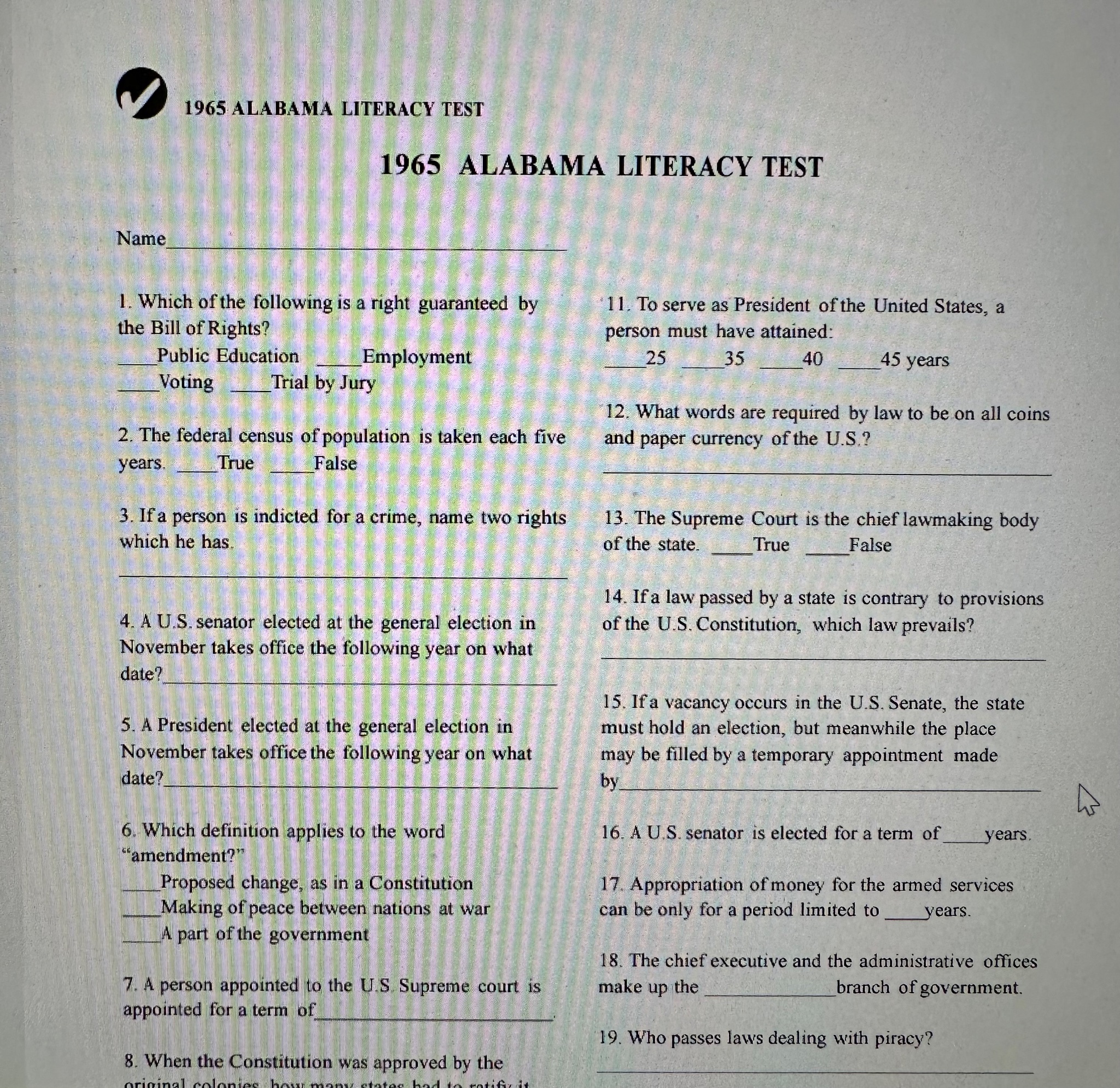 Voting Literacy Test Examples Michael Harriot On X: "And Literacy