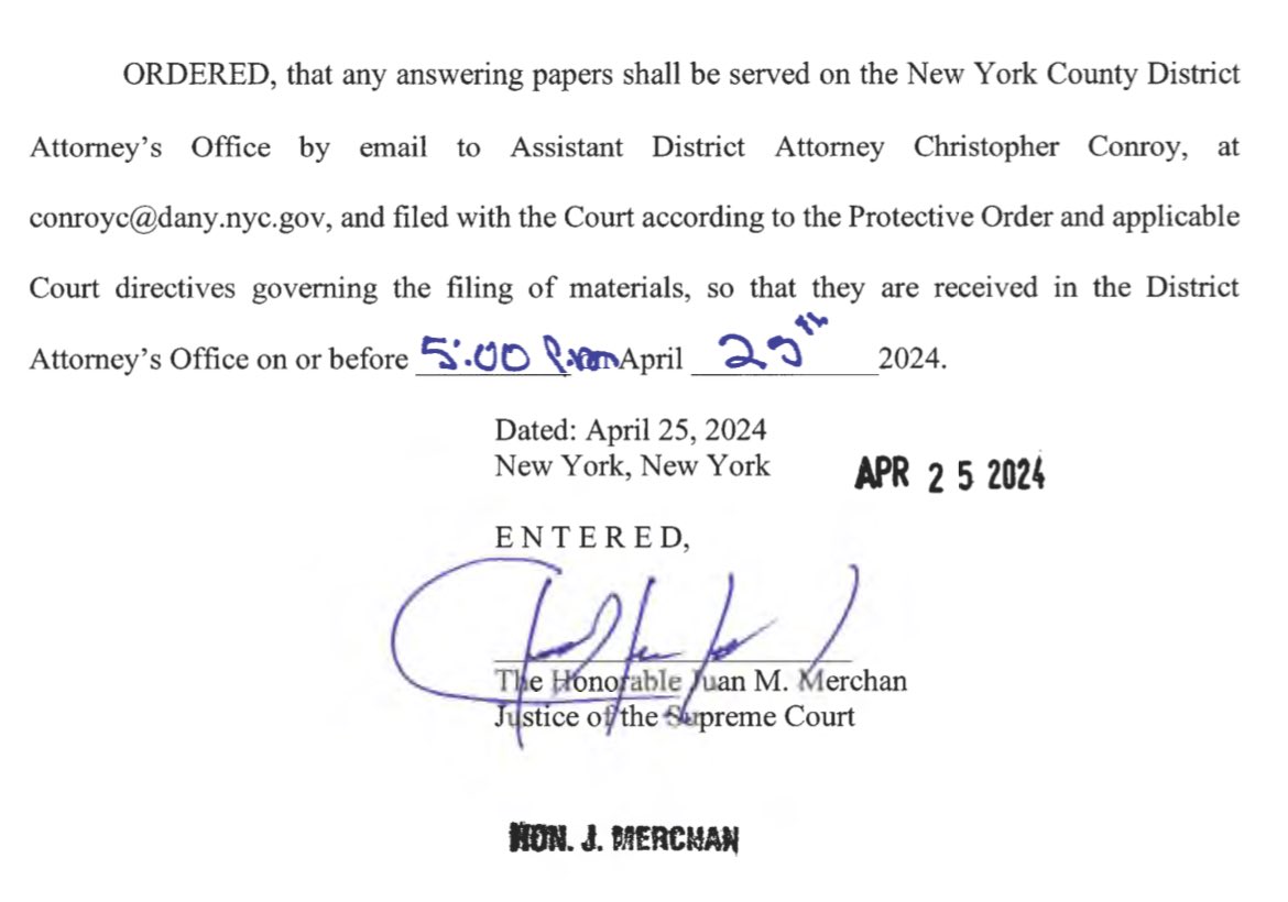 News-- Justice Merchan's signed order to show cause compelling Trump to ...