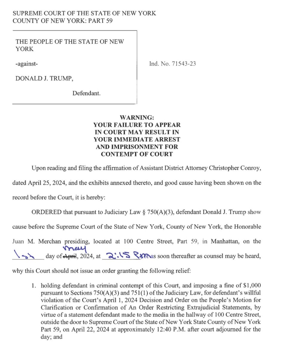 News-- Justice Merchan's signed order to show cause compelling Trump to ...