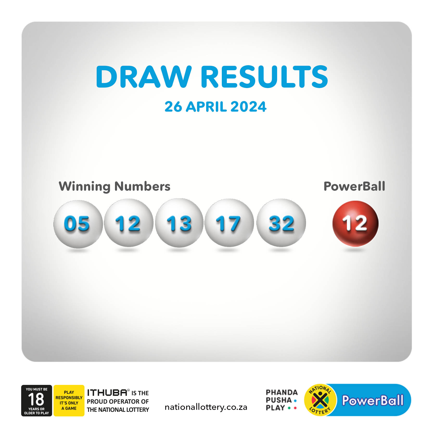 PhandaPushaPlay on X DrawResults for 26 04 24 are PowerBall 05 12 13 17 32 PowerBall 12 PowerBallPLUS 37 40 42 43 48 PowerBall 06 https t OQXyhNdefy X