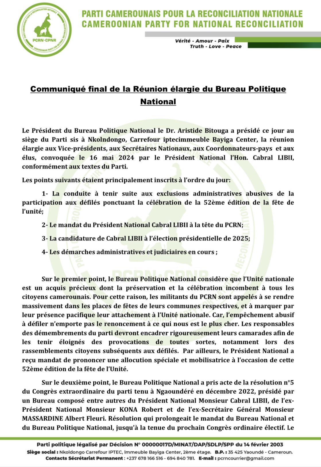 Défilé du 20 mai: Cabral Libii défie Atanga Nji et invite les militants du PCRN