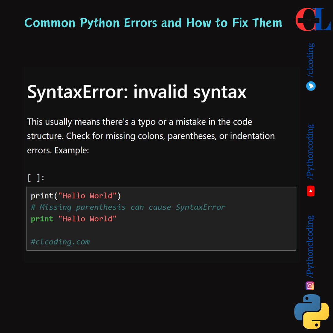 Common Python Errors And How To Fix Them 🧵 Thread From Python Coding Clcoding Rattibha