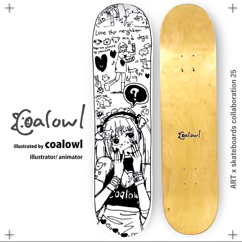 「この子をスケボーにでっかく印刷してもらいました! 実物めっちゃかわいいです最高🐶🤍🖤 https://t.co/」coalowl(コールアウル)の漫画