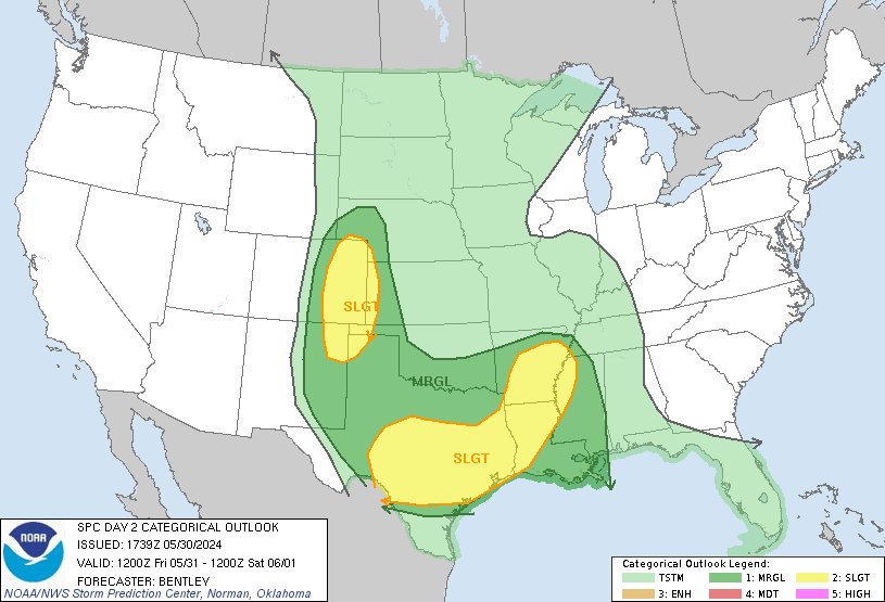 12:41pm CDT #SPC Day2 Outlook Slight Risk: from central/southeast Texas ...