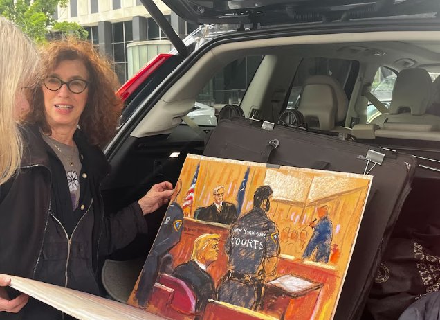 Jane Rosenberg, the courtroom artist, showed passersby her final sketch ...