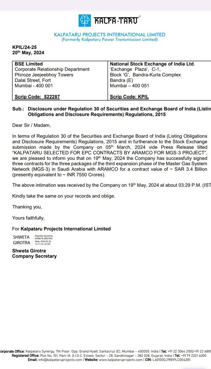 As per exchange filing as on 20th May, #KPIL Kalpataru Projects signed ...