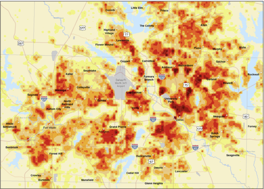 This population density map of the Dallas metroplex demonstrates how ...