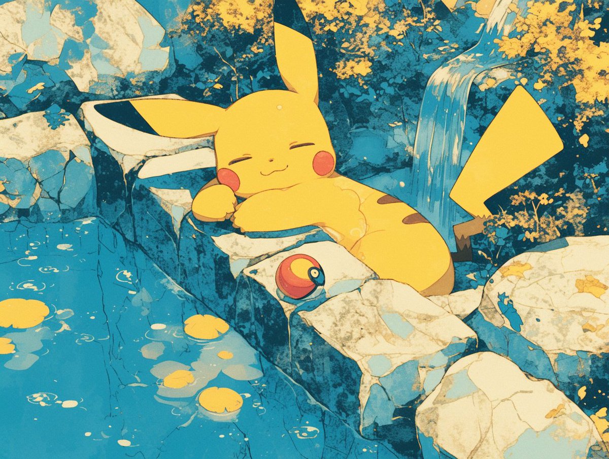 ピカチュウ 「Pikachu taking a break at a watering hol」|tarteのイラスト