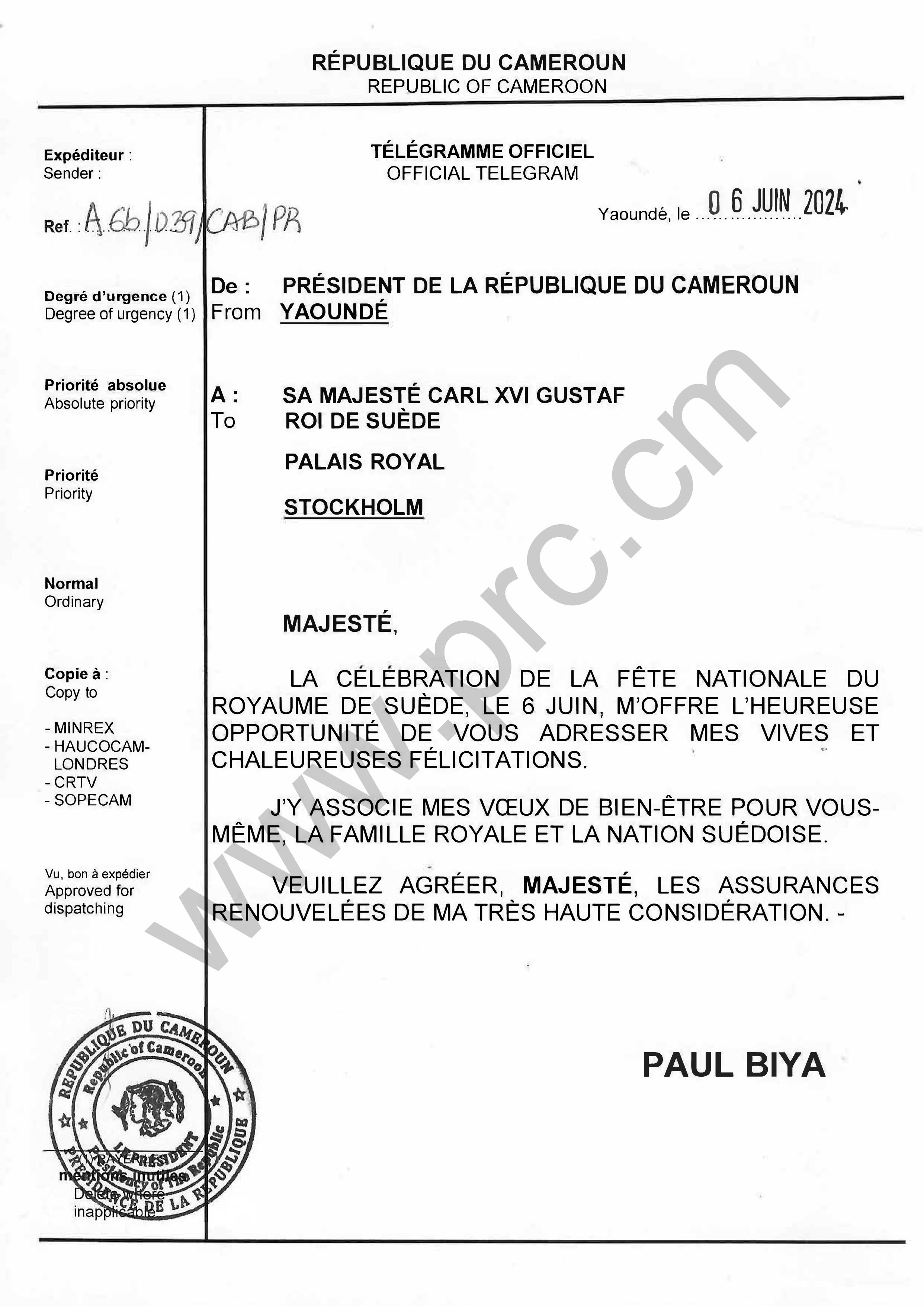 Fête nationale du Royaume de Suède: Paul Biya félicite Sa Majesté Carl ... Fête nationale du Royaume de Suède: Paul Biya félicite Sa Majesté Carl ...