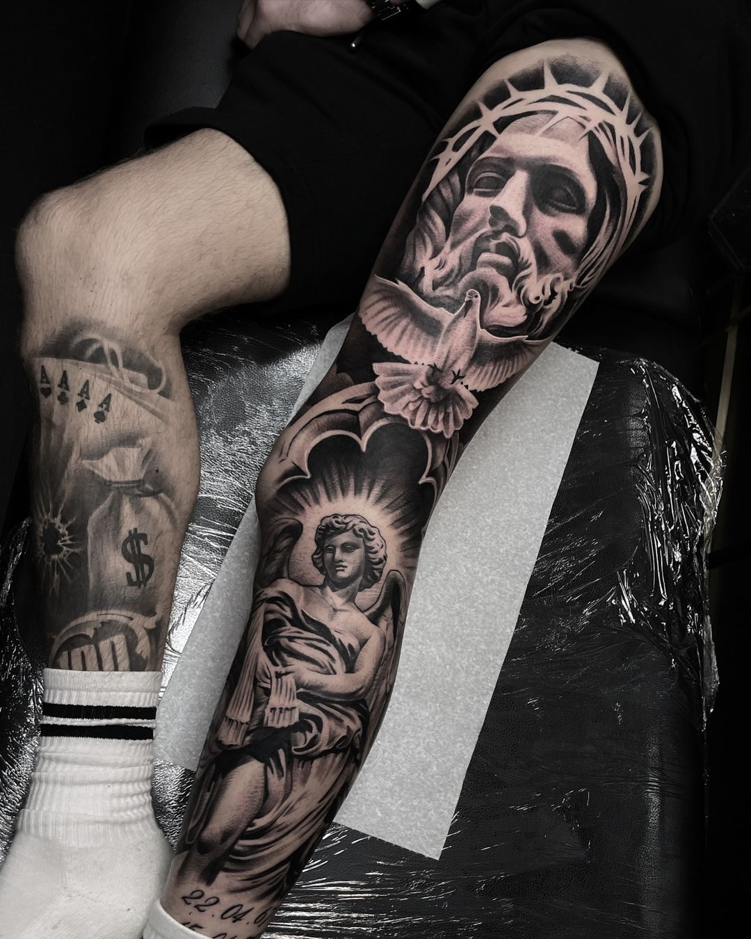 Religious Leg Sleeve Tattoos