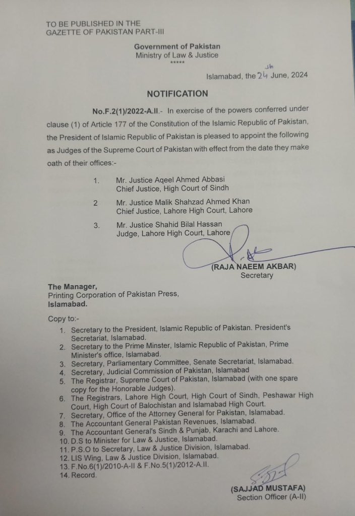 President Zardari appoints three judges to Supreme Court