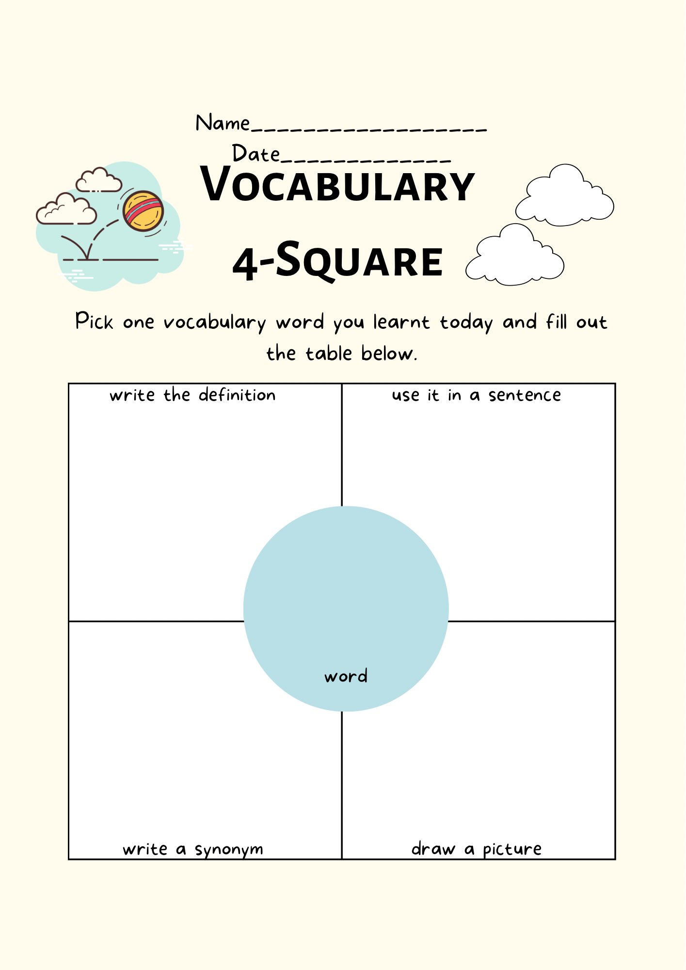 Four Square Vocabulary Graphic Organizer