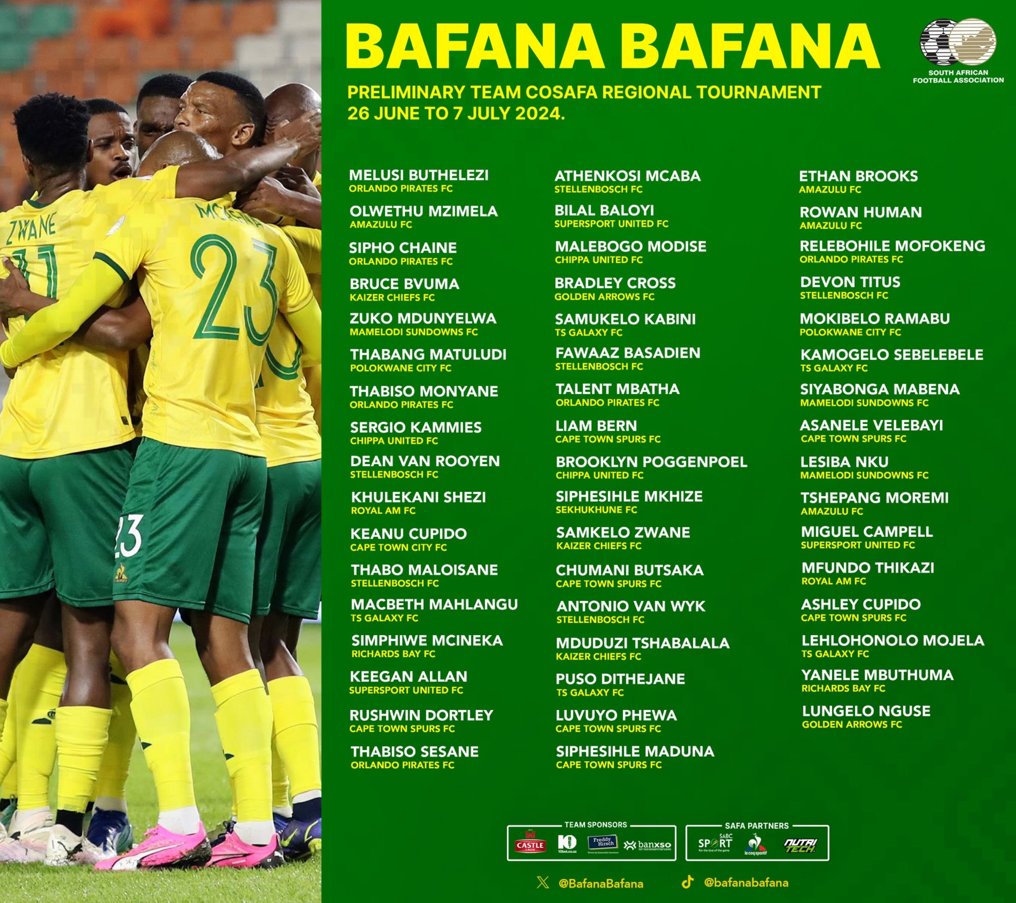 Bafana Bafana on X Coach Helman Mkhalele announces preliminary South African men s squad for the COSAFA Cup. This year s tournament will be held from 26 June 7 July. https t T27g8FOJZY X