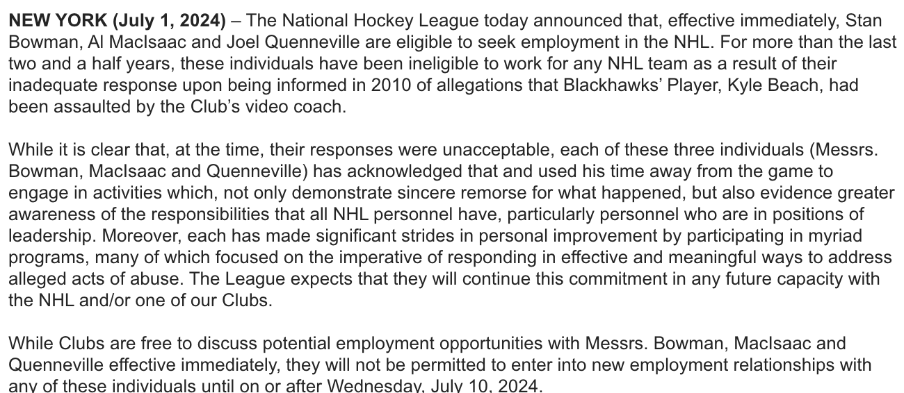 NHL announces reinstatement of Joel Quenneville, Stan Bowman and Al ...