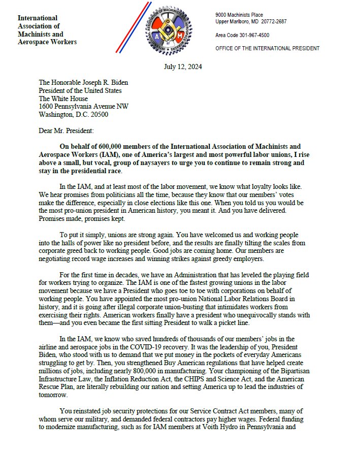 The Machinists Union just sent a letter to President Biden urging him ...