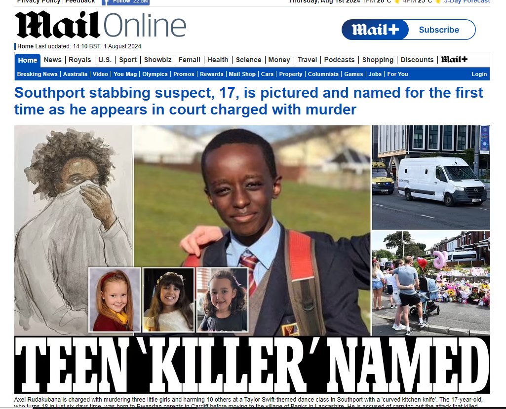 Daily Mail : "Southport stabbing suspect, 17, is named for the first ...