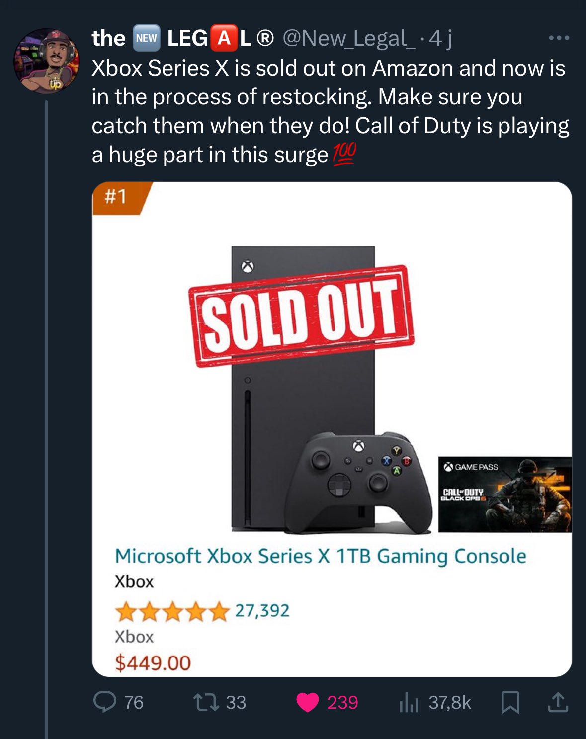 Astal on X Xbox Series X is sold out in Amazon and at the first place in an online shop in Japan. Don t hear the narrative Xbox is doing well and now