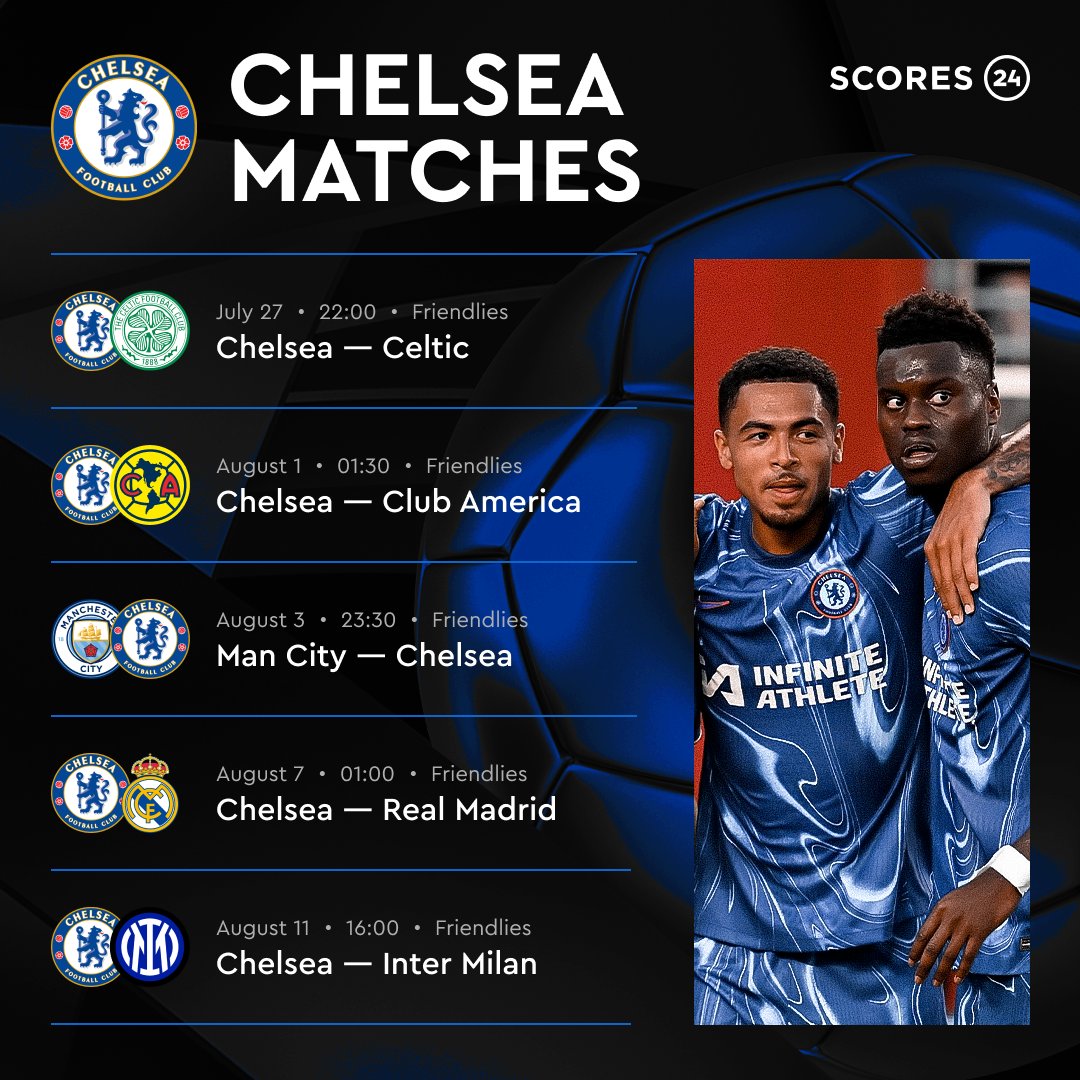 Scores24 on X Chelsea pre season fixtures after their 2 2 draw with Wrexham on Thursday morning. https t X6AYWtnOXH X