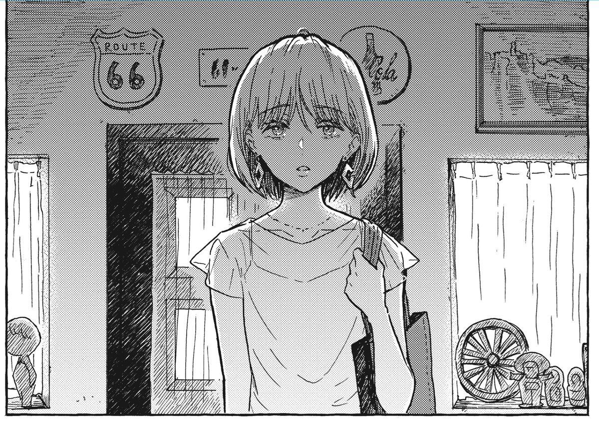 「漫画版アウターQで守屋さんがハンバーガー屋に入った日が今日ですね。理由は内緒です。「歌うハンバーガー」、単行本1巻に収録」宵町めめ🚢COMITIA153_東4_E53aの漫画