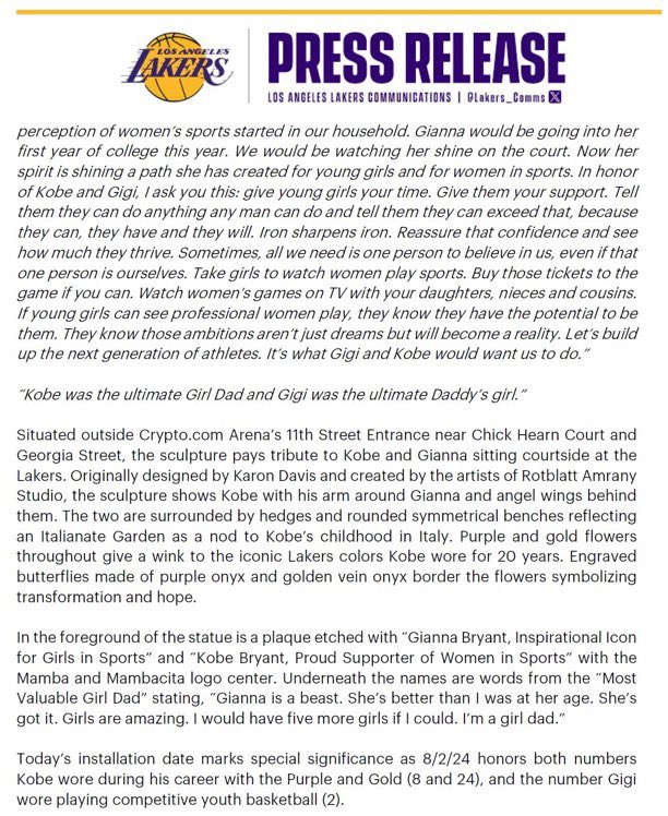 The Lakers officially announce the new statue honoring Kobe and Gianna ...