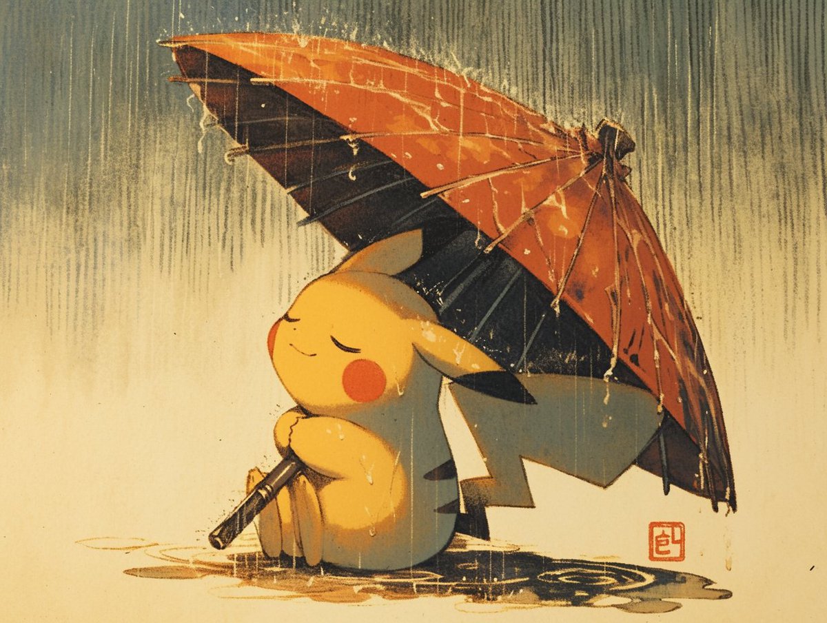 ピカチュウ 「Pikachu enjoying the sound of rain 」|tarteのイラスト