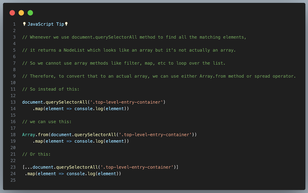 💡JavaScript Tip💡 When we use document.querySelectorAll method to find ...
