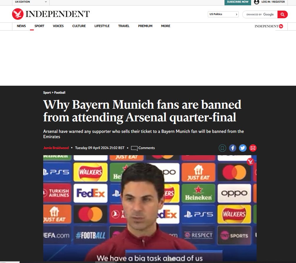"Why Bayern Munich fans are banned from attending Arsenal quarter-final ...