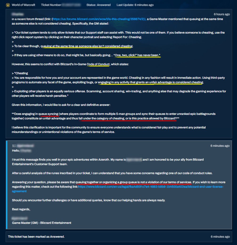 Queue-syncing is not against ToS or CoC, confirmed by GM - Battlegrounds - World of Warcraft Forums