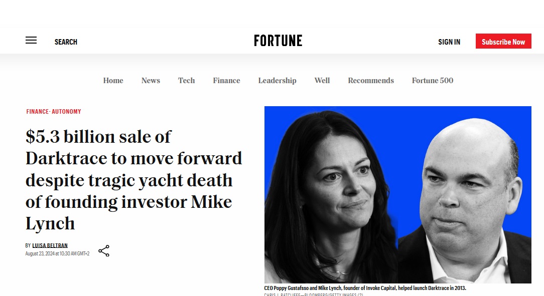 "$5.3 billion sale of Darktrace to move forward despite tragic yacht ...