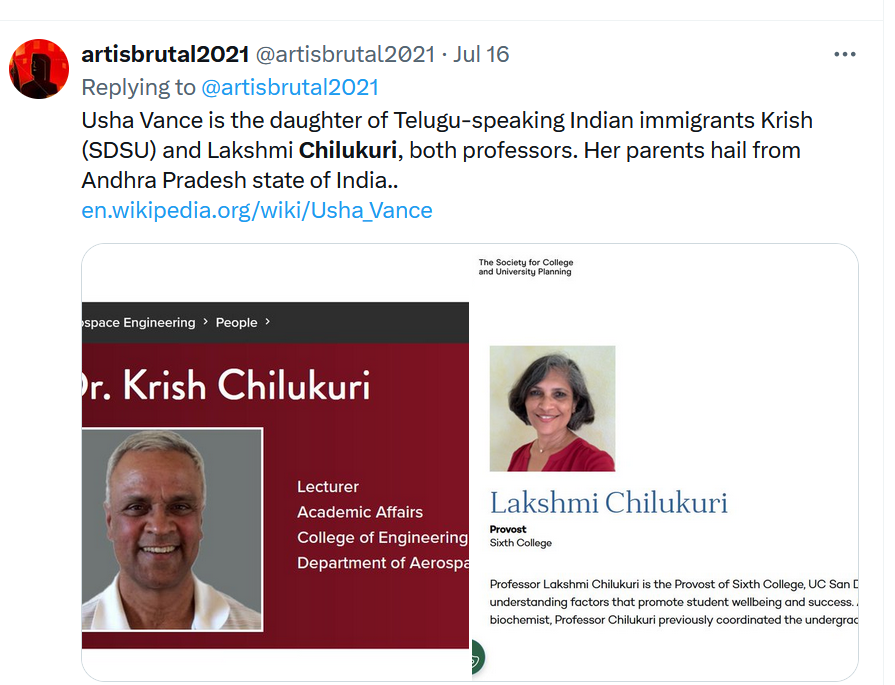 "1) Is Usha Vance's mother Lakshmi Chilukuri? 2) Are Lakshmi Chilukuri ...
