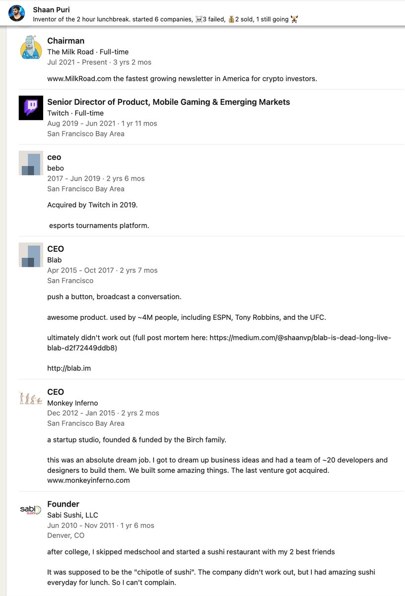 This is Shaan Puri. Sold his startup for $25M. Then crypto newsletter for ~$10M. Invested $4M ...
