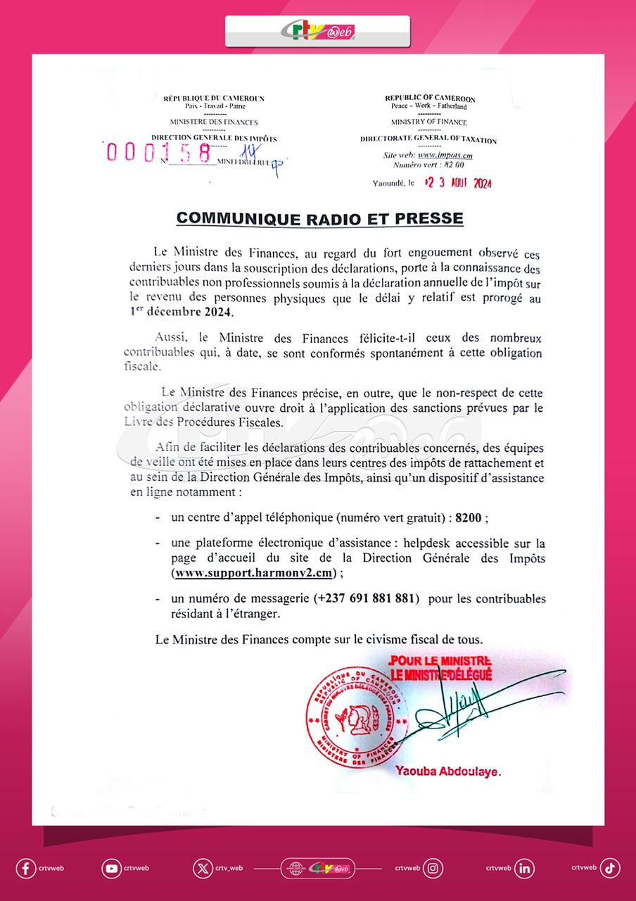 Cameroun: prorogation du délai de déclaration annuelle de l'impôt sur le revenu des personnes ...