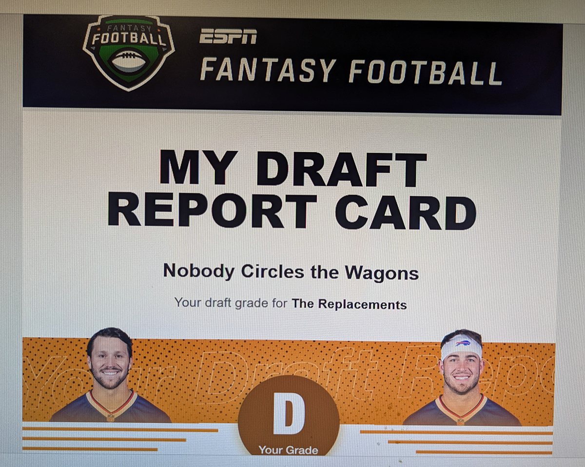 Jennifer Estep on X Did my second final fantasyfootball draft this weekend. ESPN is now giving people draft grades and I got a D in this league and a C in my