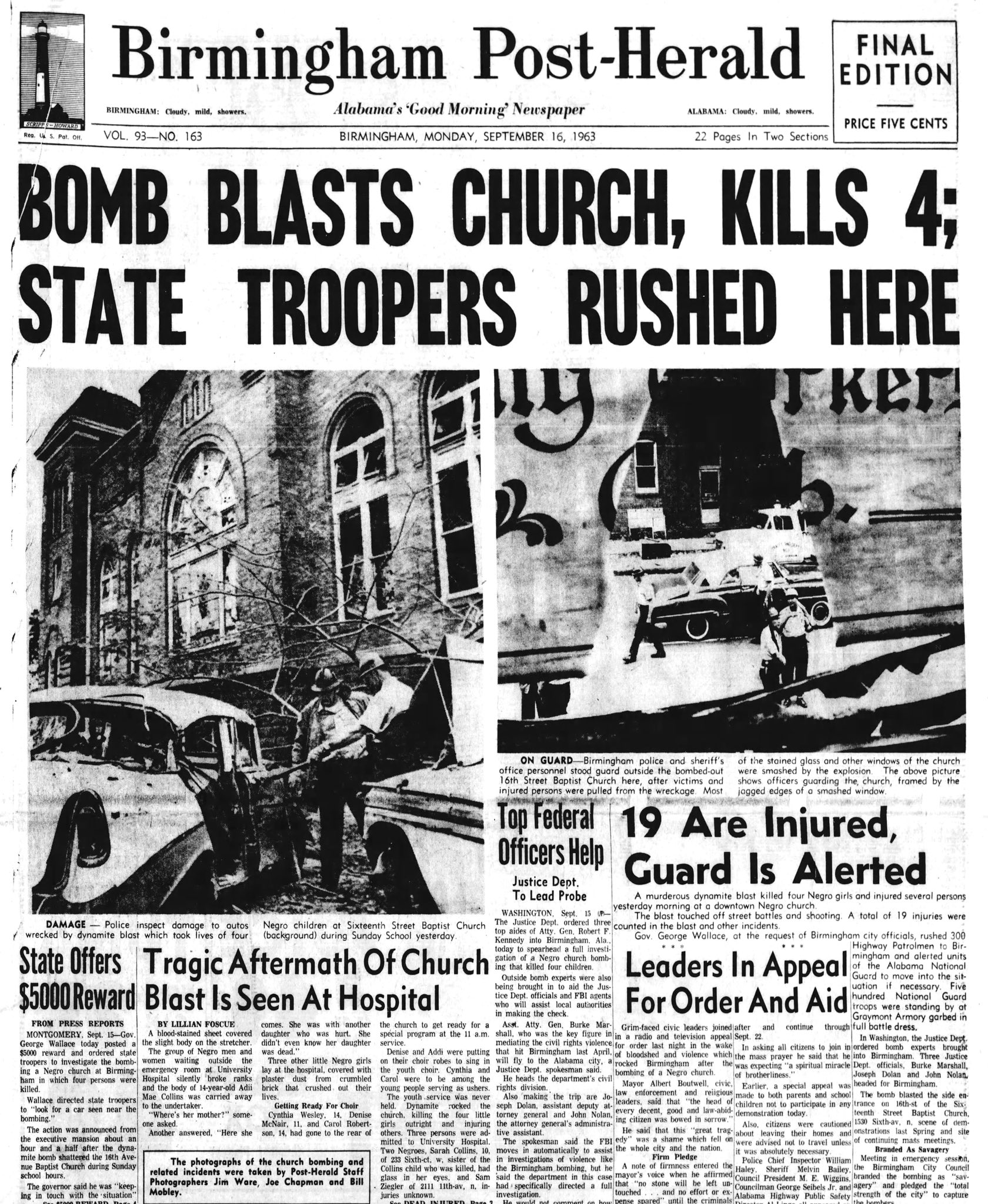 Birmingham Bombing 1963 Newspaper Article Sept. 15, 1963: 16th Street