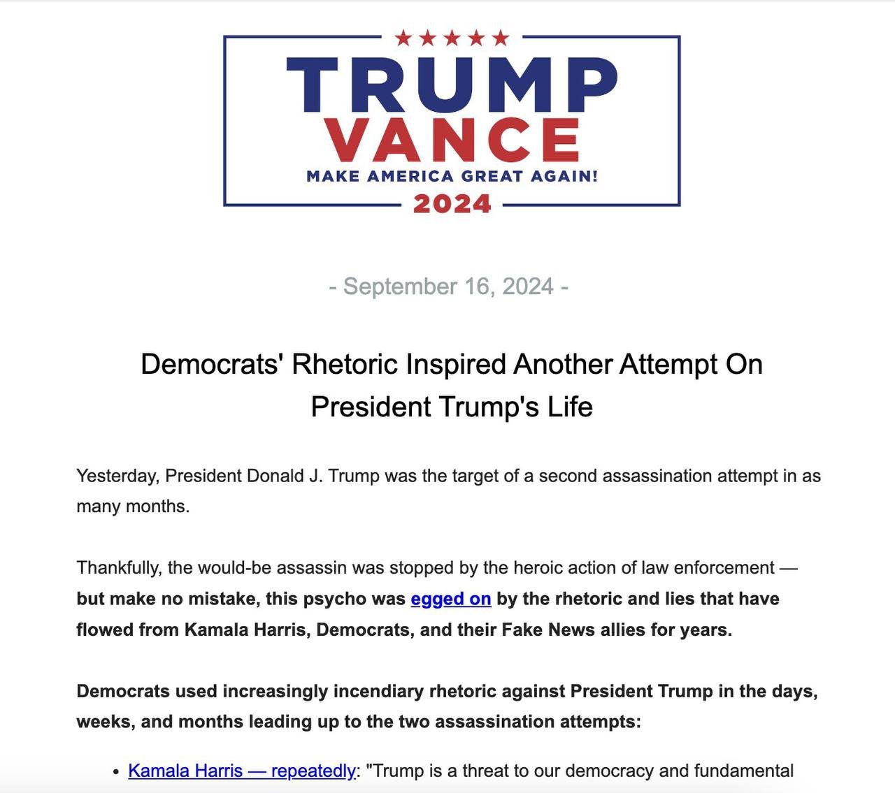 Topic: TRUMP CAMPAIGN RELEASES OVER 50 EXAMPLES OF DEMOCRATS' RHETORIC THAT "INSPIRED ...