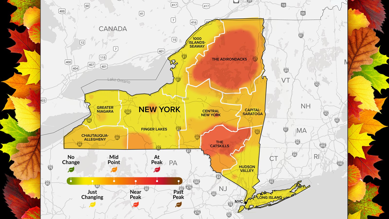 New York Foliage Peaks Map 2021 Fall Foliage Peak Map: When Leaves Are