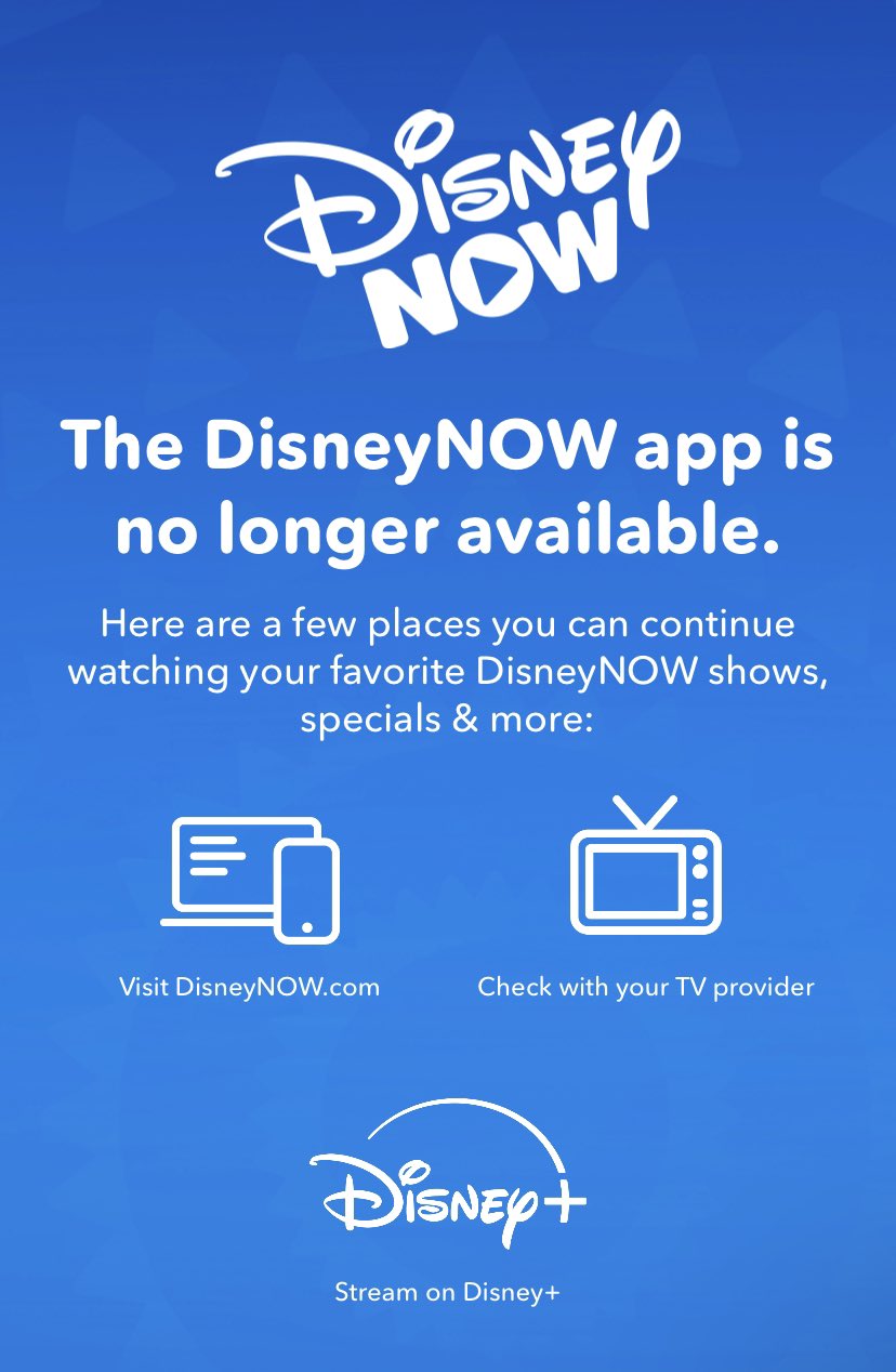 The Disney Beat X The DisneyNow app is now shut down. Alongside disney s other TV anywhere apps ABC FreeForm and FX. The website will still be available for use. https t zeg1q9pCN4