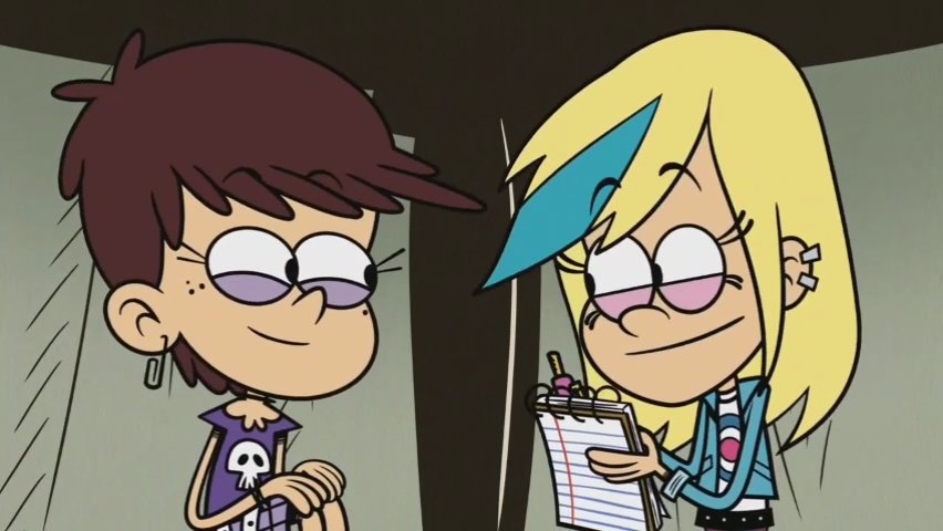 Luna Loud is looking at Sam Sharp writing an new song for her band. # ...