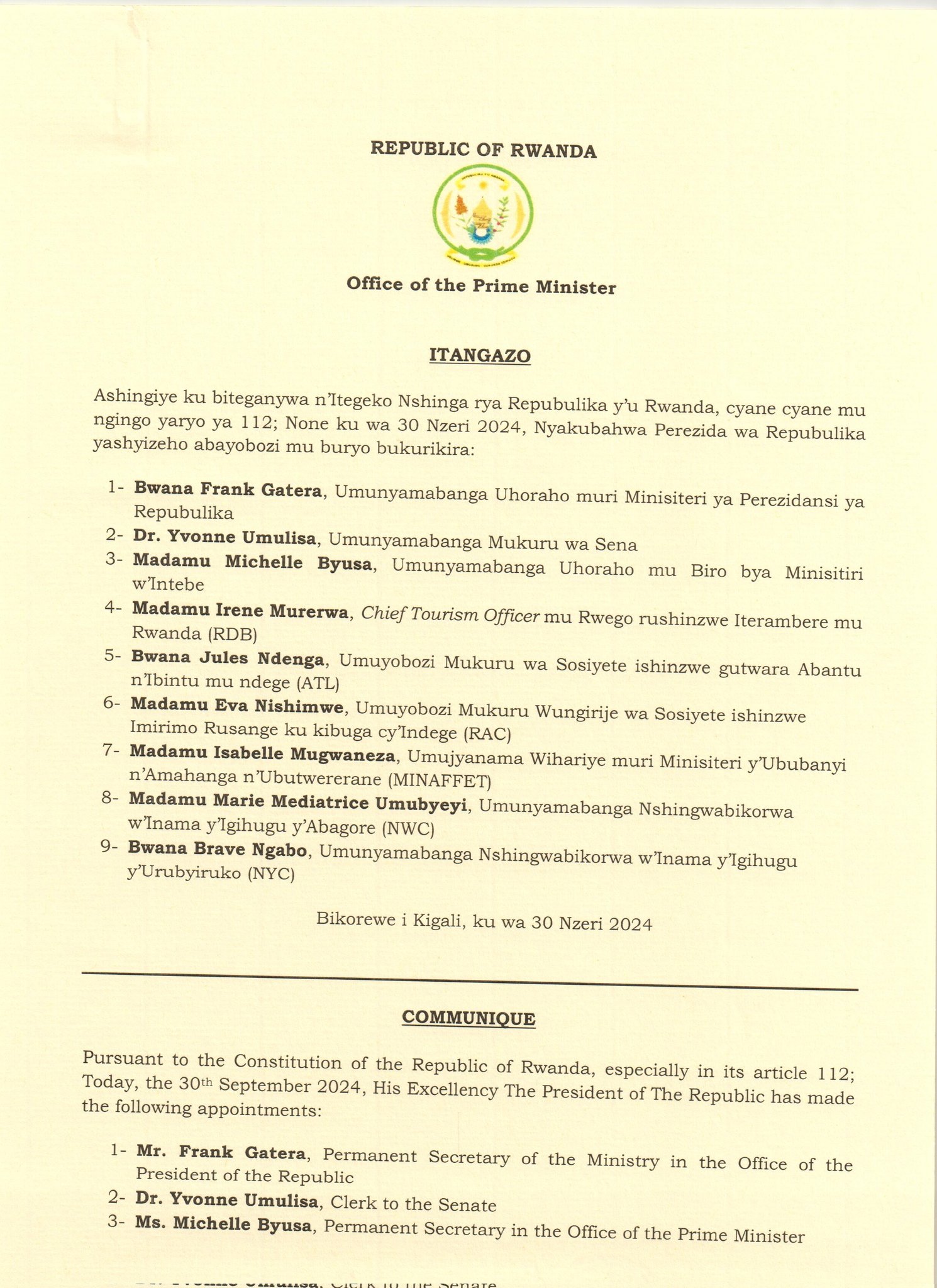 Itangazo riturutse mu Biro bya Minisitiri w’Intebe | Communiqué from ...