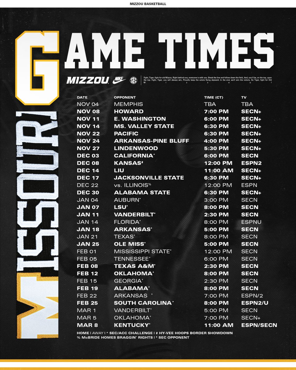 Mizzou Hoops on X Mark your calendars and tune in The SEC announces game times and TV designations for the 2024 25 Mizzou schedule MIZ https t XV0TrdKTp6 https t tgoVnz2cPU X