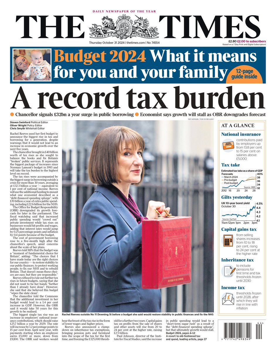 Thursday's TIMES: A record tax burden #TomorrowsPapersToday