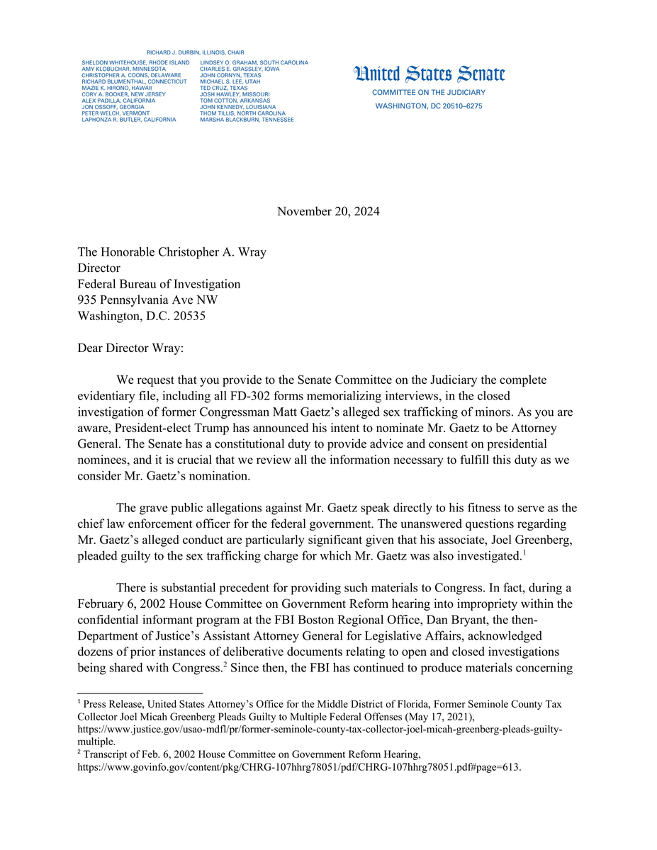 Senate Judiciary Democrats Request FBI File On Matt Gaetz - Democratic ...