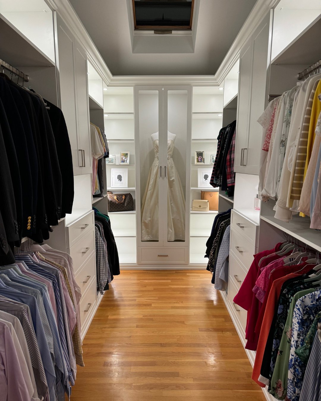 Wedding dress display case in closet | Honestweddingadvice.com