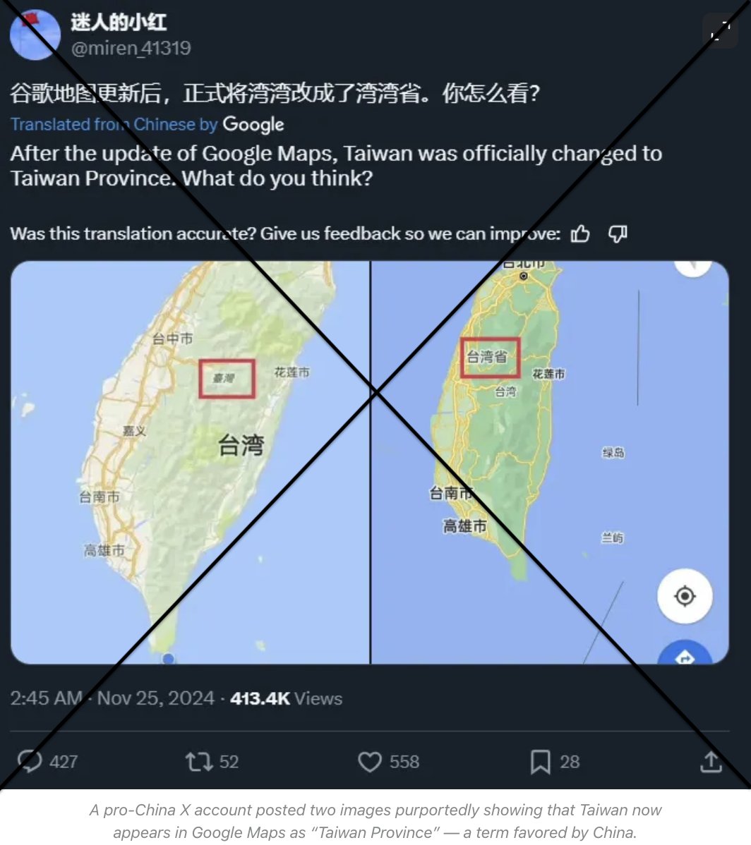 Pro-China accounts falsely claim that Google Maps changed Taiwan's ...