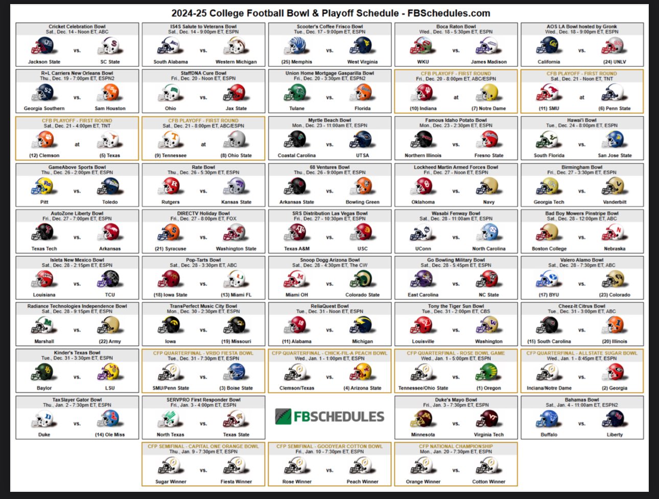 Ncaa Football Bowl Schedule Printable