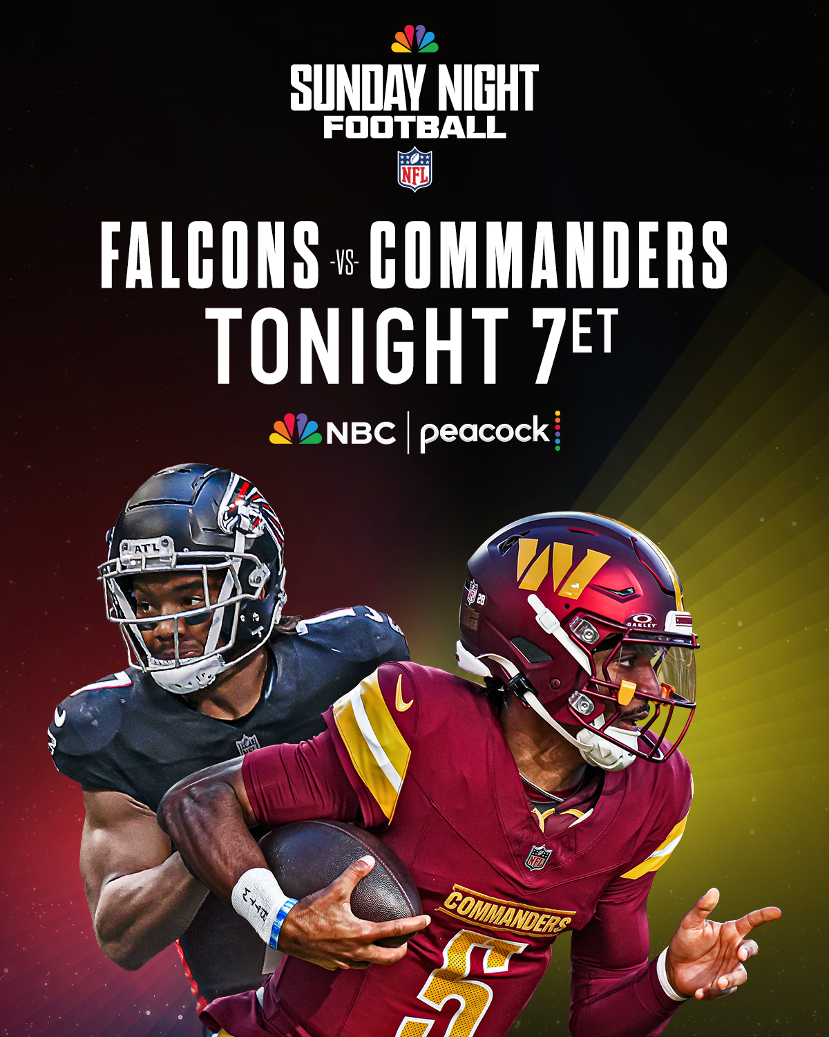 Sunday Night Football on NBC on X Ready for a showdown with playoff hopes on the line. For the first time in SNF history two rookie quarterbacks drafted in the first round