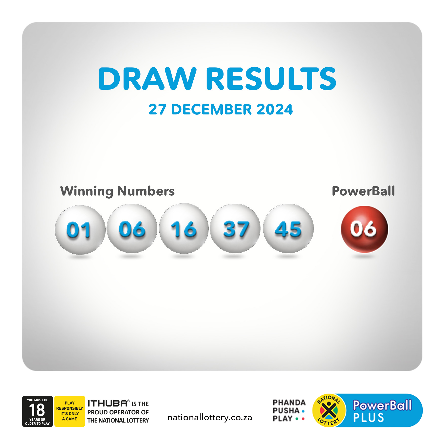 PhandaPushaPlay on X DrawResults for 27 12 24 are PowerBall 06 10 23 30 47 PowerBall 18 PowerBallPLUS 01 06 16 37 45 PowerBall 06 Players must be 18 years or older play responsibly