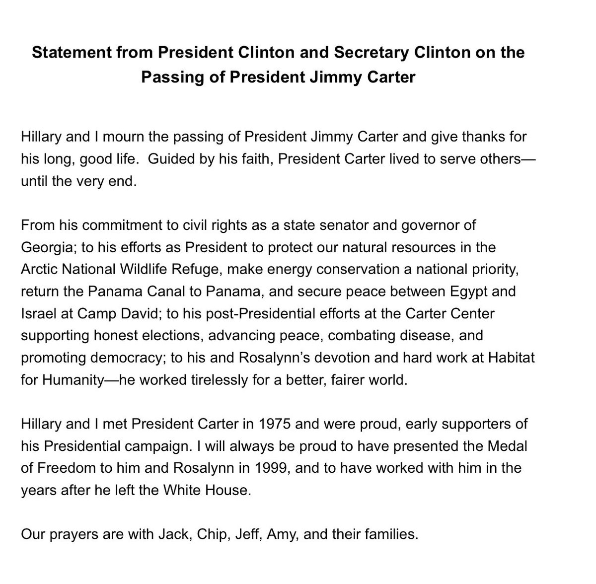 Statement from President Clinton and Secretary Clinton on the Passing ...