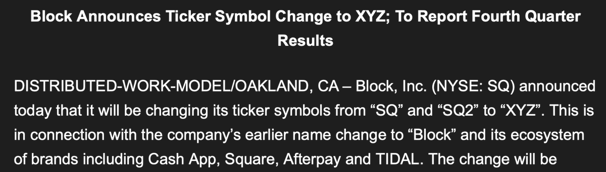 Block, Inc. Changes Ticker Symbol from $SQ to $XYZ Effective January 21 ...