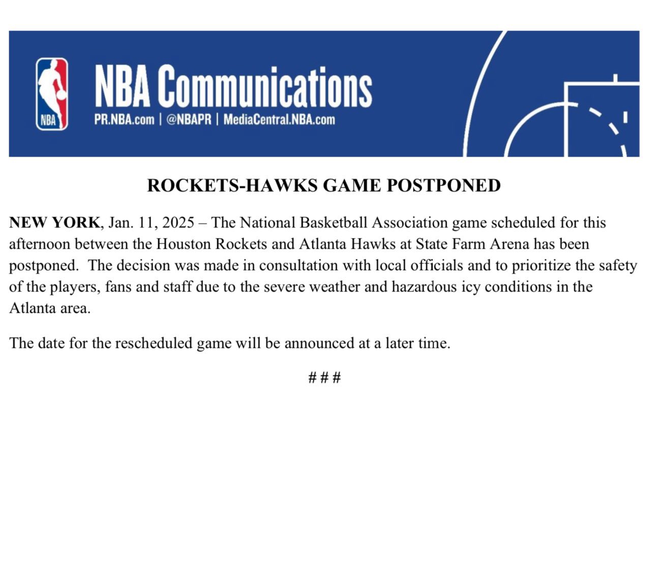 Mark Medina on X NBA postponed the Rockets Hawks game tonight due to the severe weather and hazardous icy conditions in the Atlanta area. https t von1ppppx4 X